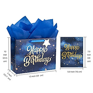 WRAPAHOLIC 13" Large Gift Bag with Card and Tissue Paper - Navy Star Gold Foil Happy Birthday