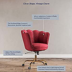 BELLEZE Upholstered Velvet Seashell Accent Chair, Rolling Swivel Office Vanity Unique Cute Decorative, Armless Stylish Comfy, Adjustable Height - Kaylee (Red - Gold)
