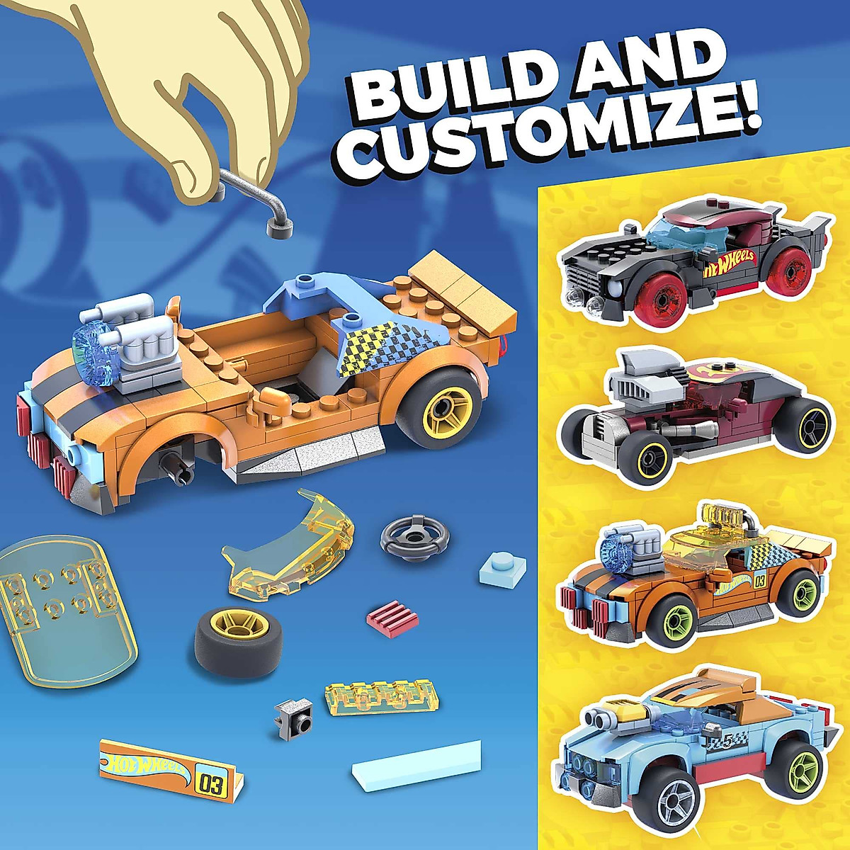 MEGA Construx Hot Wheels Kids Car Building Toy Set, Car Customizer with 485 Pieces, Rally Rat, Dawgzilla, Night Shifter, Mod Rod, Ages 5+ Years