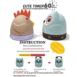 Cartoon Owl Chick Mechanical Timers 60 Minutes Kitchen Cooking Timer Clock Loud Alarm Counters Mini Size Manual No Batteries Required, 100% Mechanical - Magnetic Backing, Timer for Study. (Owl)