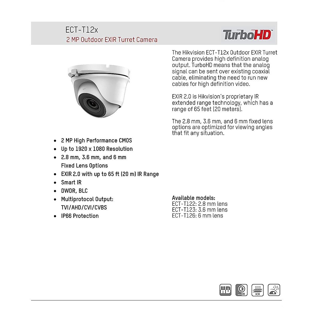 Real HD ECT-T12F2 1080P 2MP 2.8mm Wide Angle TVI IR Turret Dome Camera Outdoor Compatible with Hik Vision DVR
