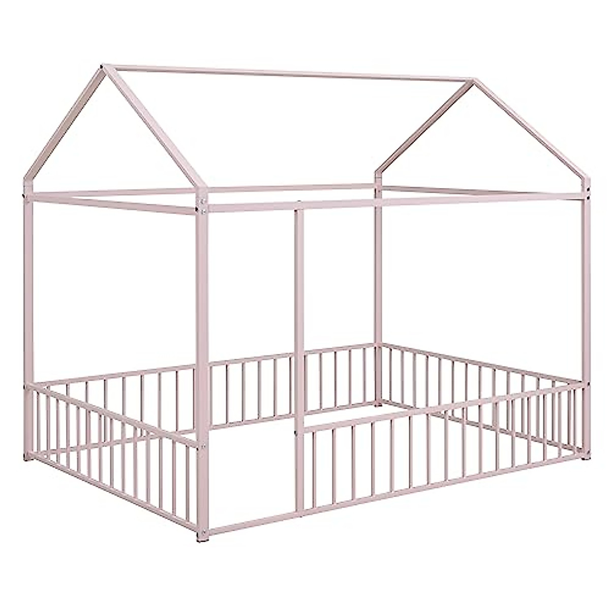 HBRR Full Size Montessori House Bed for Kids, Metal Floor Beds with Fence Railings & Roof, Full Playhouse Bed for Boys Girls, Box Spring Needed, Pink