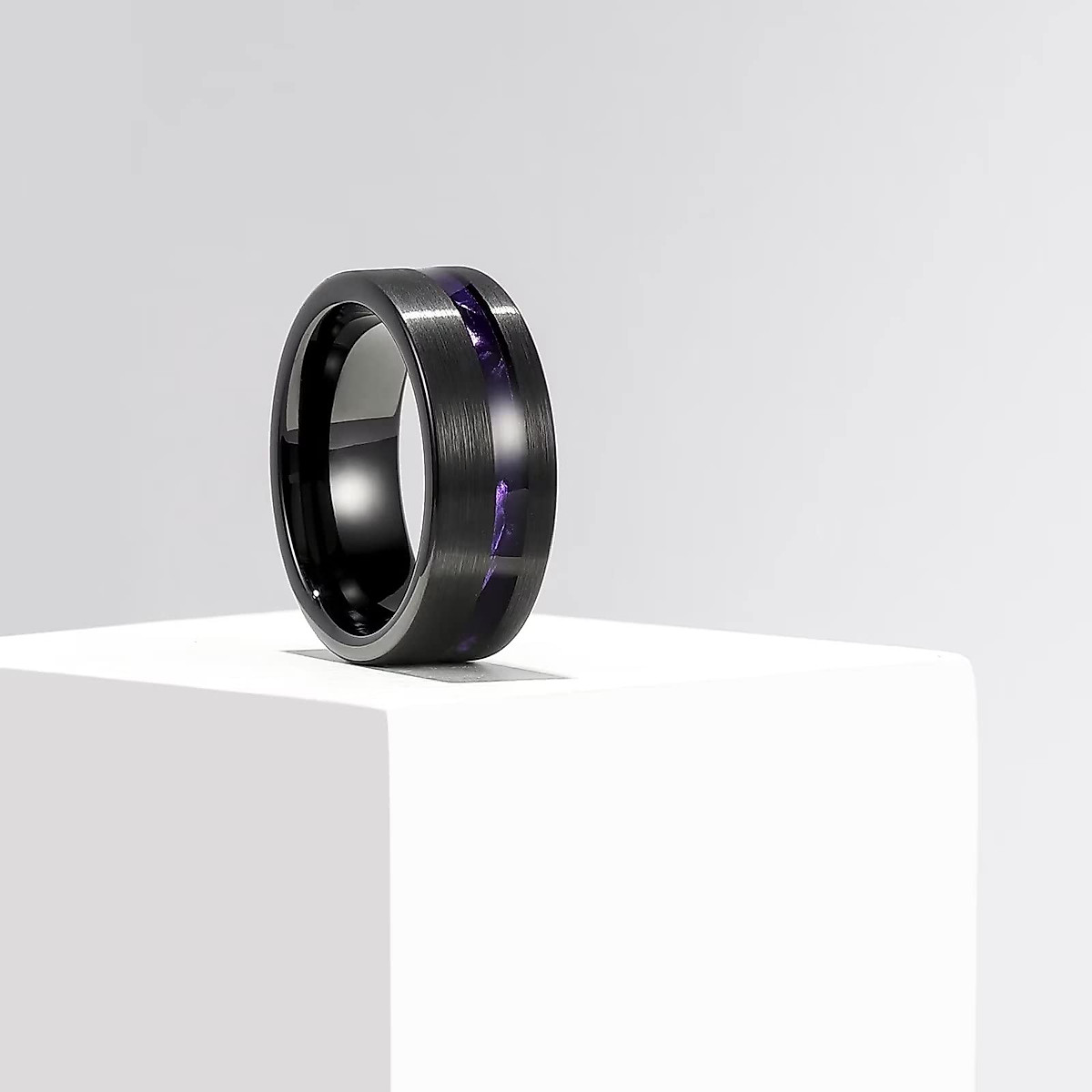 King Will Mens 8mm Black Tungsten Carbide Wedding Ring Purple Imitated Meteorite Inlay Pipe Cut Edge Brushed Opal Wedding Bands 9