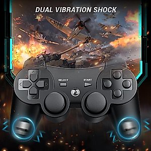 OKHAHA Controller 2 Pack for PS3 Wireless Controller for Sony Playstation 3, Double Shock 3, Bluetooth, Rechargeable, Motion Sensor, Remote for PS3 (No Stripes(Black + Blue))