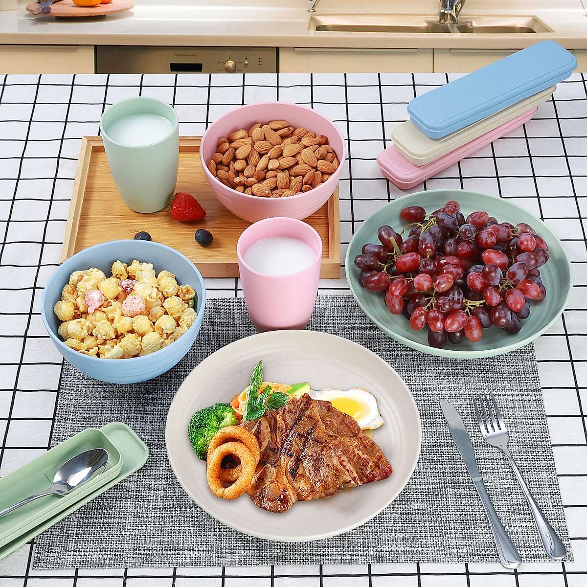 28PCS Kitchen Wheat Streaw Dinnerware Sets for 4, Wheat Straw Plates and Bowls Sets, College Dorm Dinnerware Dishes Set for 4 with Cutlery Set