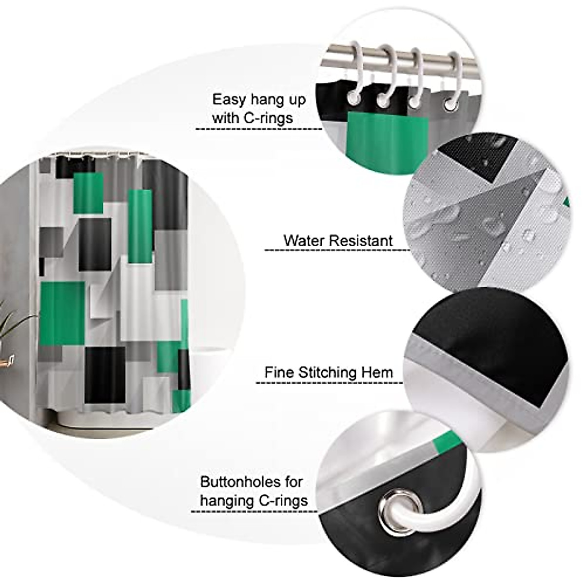 4 Pcs Shower Curtain Set with 12 Hooks Geometric 3D Abstract Green Black Gray Square Pattern Bathroom Sets with Non-Slip Bath Mat Toilet Lid Cover Waterproof Durable Shower Curtain and Rugs