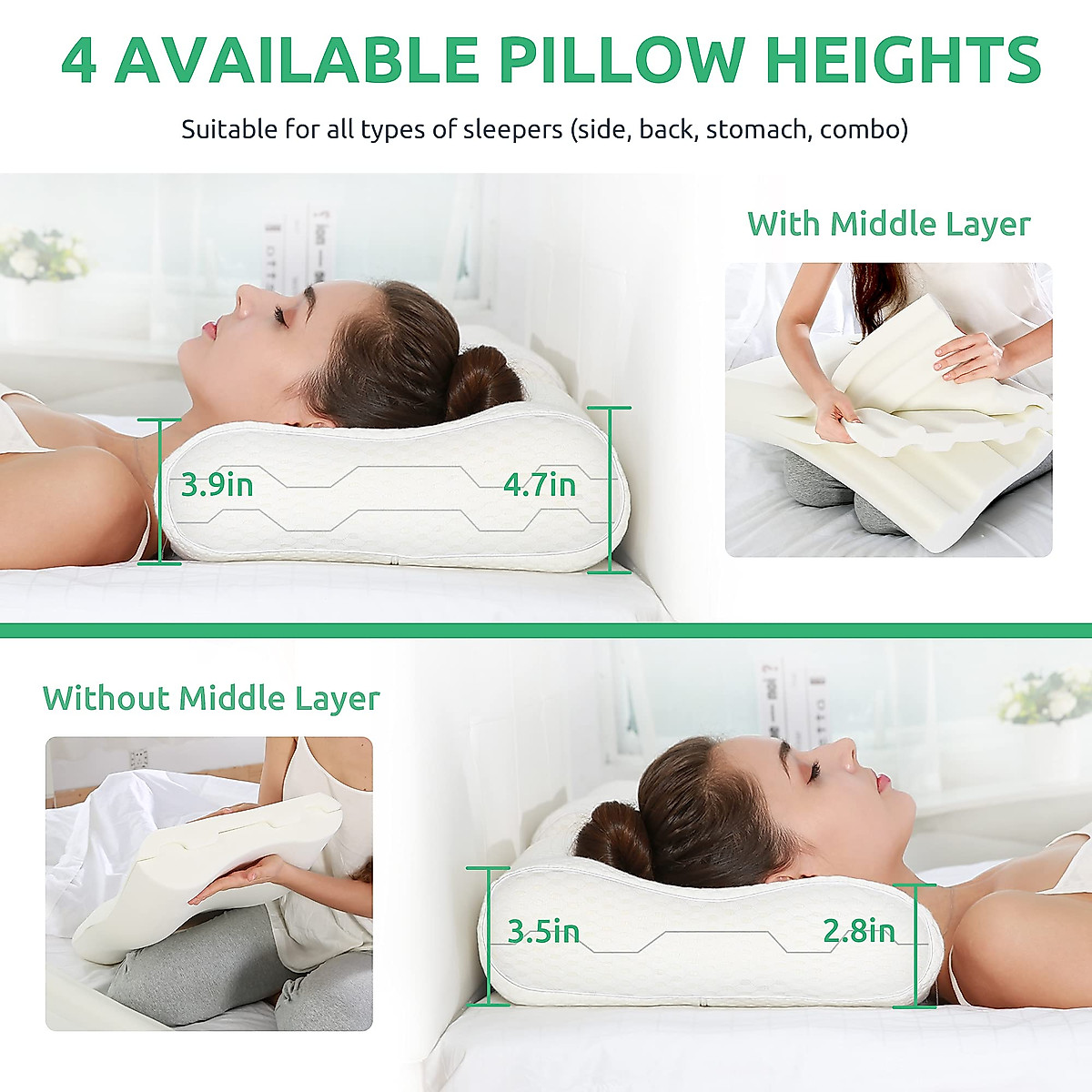 UTTU Cervical Pillow for Neck Strain Relief, Memory Foam Neck Pillow for Sleeping, Adjustable Orthopedic Sandwich Pillow, Contour Cooling for Side Back Stomach Sleeper, Travel(15.7"×11"×4.7"/3.9")