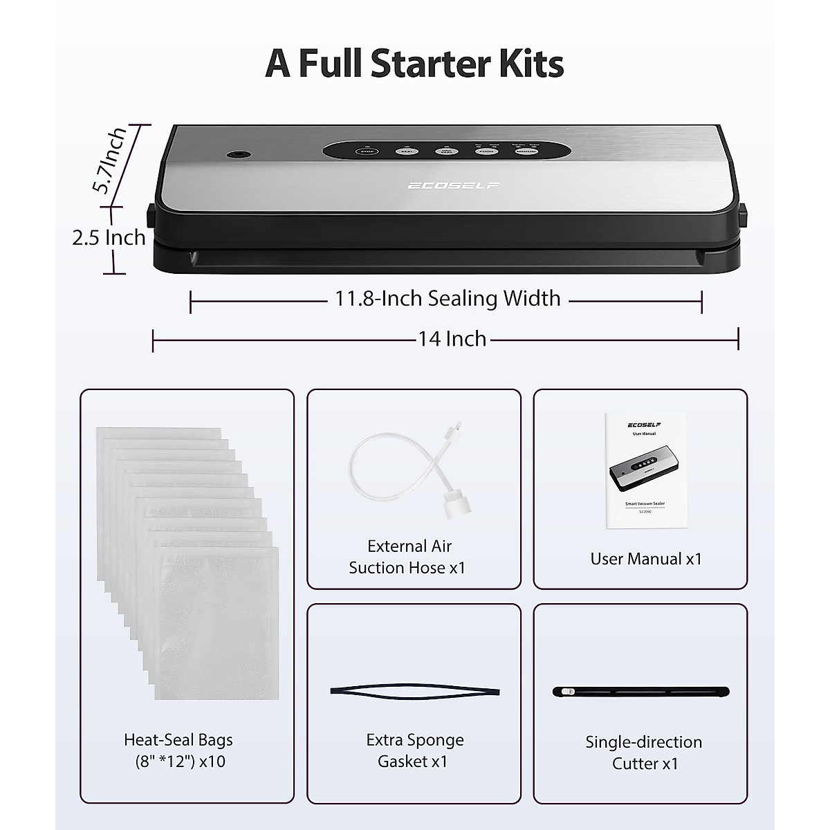 Vacuum Sealer Machine, with 8-in-1 Function& Detachable Tray& Cutter& 10 Bags, Food Vacuum Sealer Saver Machine for Food Storage & Sous Vide,Automatic Sealing Machine,EXT-VAC,Stainless Steel