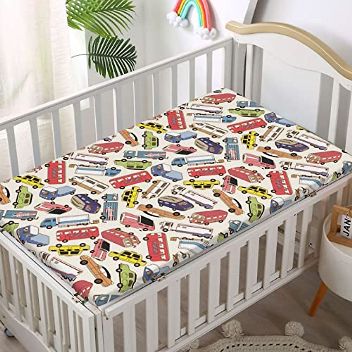 Cars Themed Fitted Crib Sheet,Standard Crib Mattress Fitted Sheet Toddler Bed Mattress Sheets-Crib Mattress Sheet or Toddler Bed Sheet, 28“ x52“,Multicolor