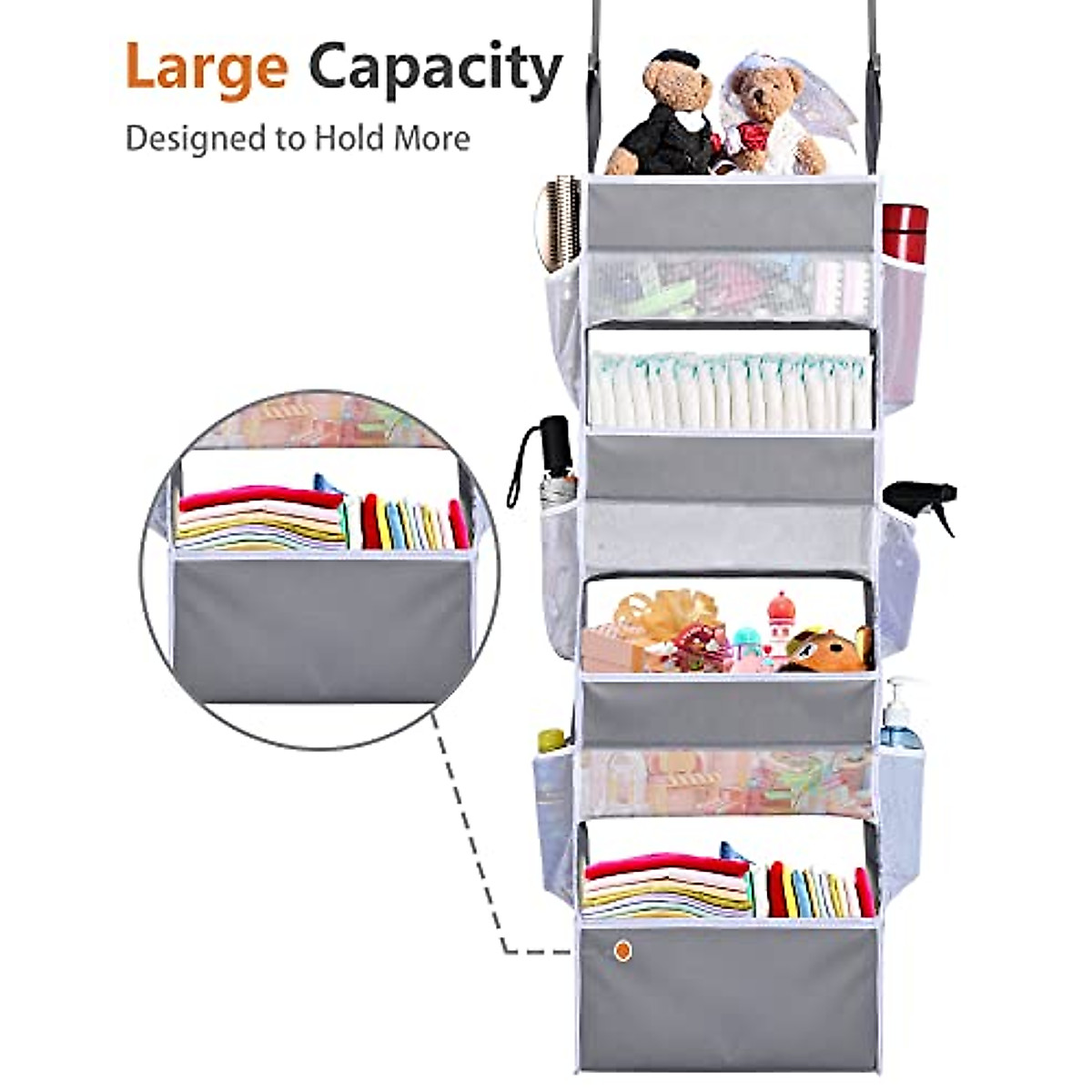 ULG Over Door Organizer with 4 Large Pockets 6 Mesh Side Pockets, 33 lbs Weight Capacity Hanging Storage Organizer with Clear Window for Bedroom Nursery, Baby Kids Toys, Diapers, Light Grey (1 Pack)