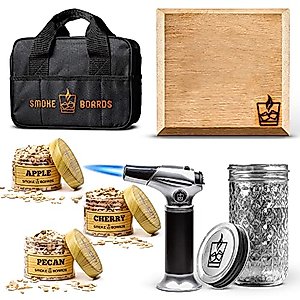Smoke Board’s Old Fashioned Cocktail Smoker Kit with Torch - Whiskey/Bourbon Drink Infuser with Three Wood Chips, Smoker Kit Includes, Mixing Glass, Smoke Board, and Torch Lighter, USA Based Company