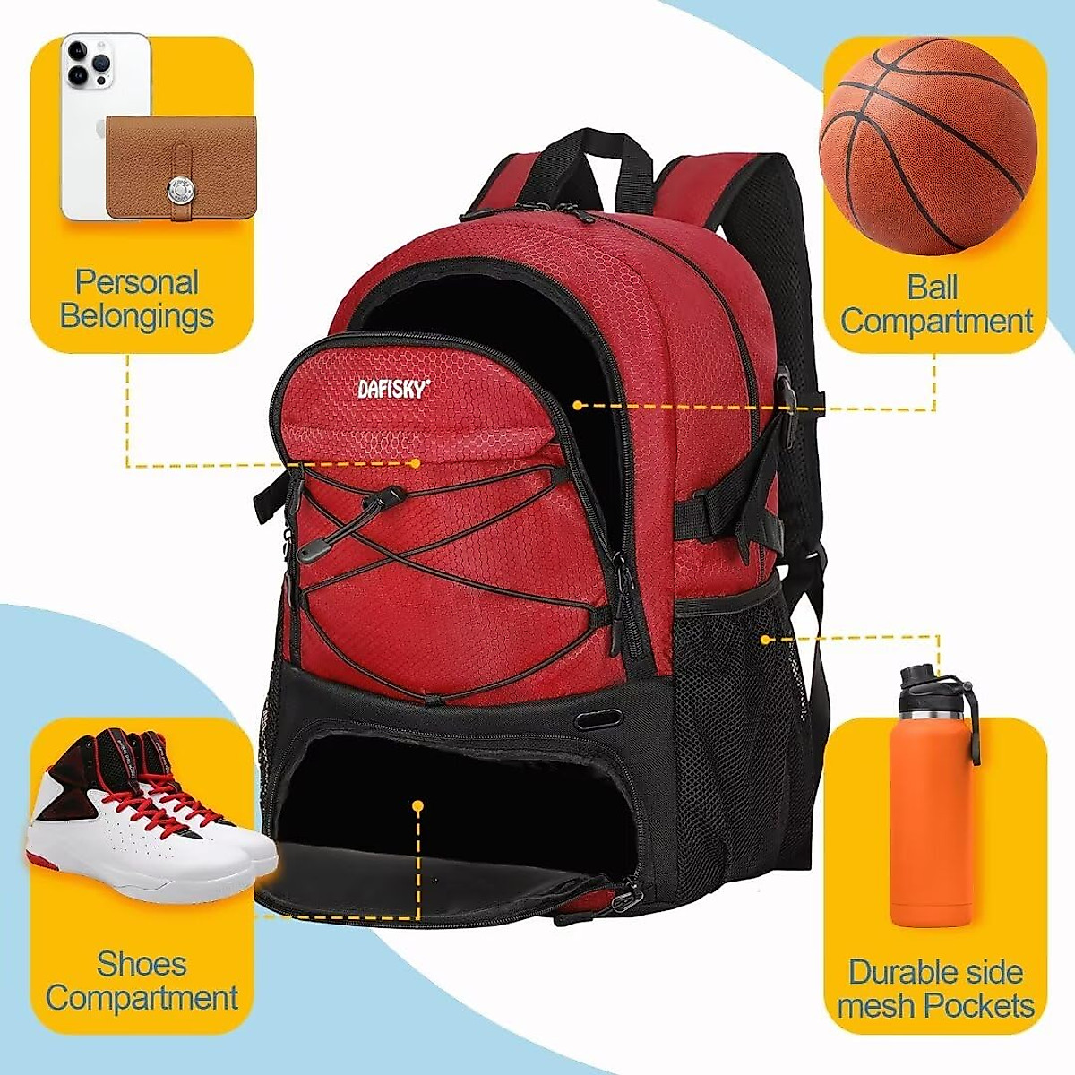 DAFISKY Basketball Backpack with Ball Compartment – Large Basketball Bag with Shoes Compartment Soccer Volleyball Bag Sports Backpack for Football, Red