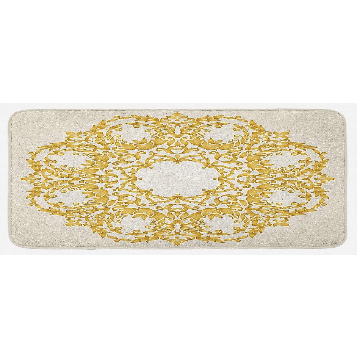 Ambesonne Victorian Kitchen Mat, Traditional Floral Oval Ornament of Baroque Elements in Turkish and Ottoman Style Curlicue Art, Plush Decorative Kitchen Mat with Non Slip Backing, 47" X 19", Cream