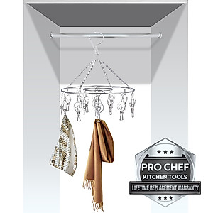 Pro Chef Kitchen Tools Clothes Drying Rack - Round Clothing Racks - Laundry Portable Clothesline Includes 18 Metal Clothespins Hanger Clips Set - Baby Clothes Storage Closet - Herb Hanging Air Dryer