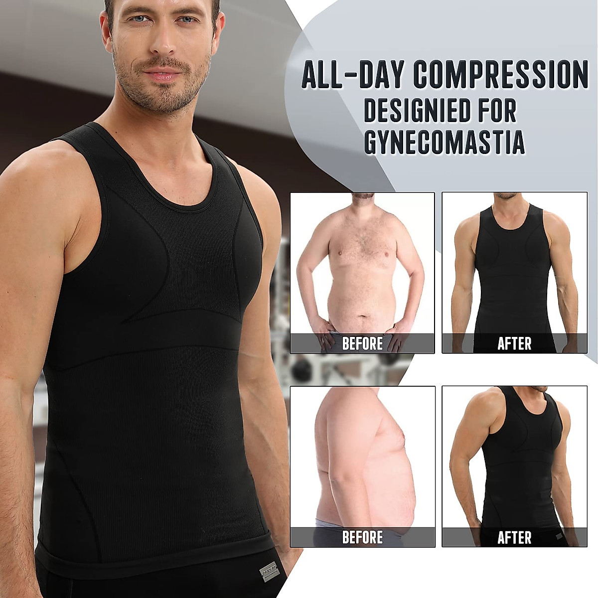 PODFAN Gynecomastia Compression Shirt for Men, Slimming Tank Top Undershirts, Mens Body Shaper Vest(Black,Large)