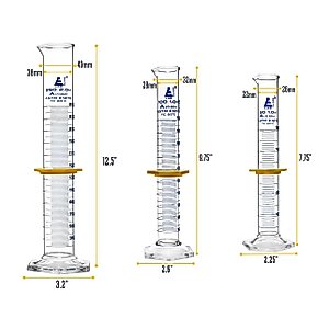 EISCO Premium Graduated Cylinder Set - 50mL, 100mL & 250mL - ASTM, Class A - Protective Collars, Hexagonal Base - Blue Graduations - Borosilicate 3.3 Glass