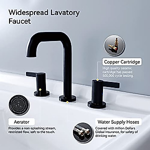 RKF Bathroom Faucets for Sink 3 Hole Matt Black 8 inch Widespread Bathroom Sink Faucet with Drain Double Lever Handle Faucet Bathroom Vanity Faucet Basin Mixer Tap Faucet with Hose & Deck CWF028-MB