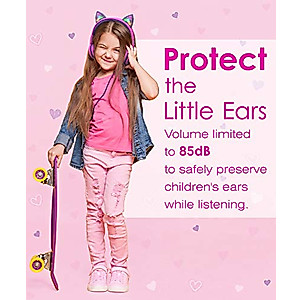 FosPower Kids Headphones with LED Cat Ears (Safe Volume Limit 85 dB), 3.5mm On-Ear Wired Headphones with Laced Tangle-Free Cables for Boys/Girls/School/Travel - Hot Pink/Purple