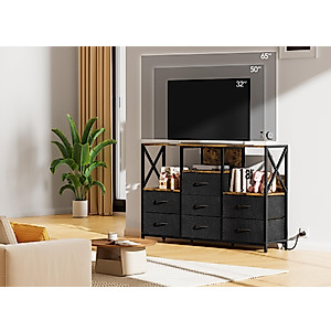 Black Dresser for Bedroom, 53" Dresser TV Stand with LED Light and Power Outlets, 7 Drawers Dressers, Fabric Chest of Drawers with Open Shelf, Large Dressers for Bedroom, Living Room