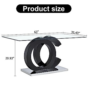LFVFFA 63 inch Modern Glass Dining Table for 4-6, Rectangle Glass Kitchen Table, 0.39" Tempered Glass Top Dining Table，Large Pedestal Table (1 Table+4 Gray Chair, 63 Inch)