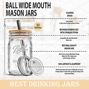 Reusable Boba Glass Cups With Lids and Straws - (2 Pack) - Ball Wide Mouth 32 oz Mason Drinking Jars with Reusable Bamboo Lids & Stainless Steel Straws for Iced Coffee, Smoothie, Milkshake, Tea