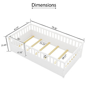 ECKF Twin Size Montessori Floor Bed with High Fence, Door and Slats, Wood Kids Bed Twin Size, Floor-Bed-Frame for Bedroom, Toddlers, Boys Girls, Kids Playroom (White, Twin)