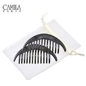 Camila Paris CP2872/2 French Hair Side Combs, Black Interlocking Combs French Twist Hair Combs, Strong Hold Hair Clips for Women Bun Chignon Up-Do, Styling Girls Hair Accessories, Made in France