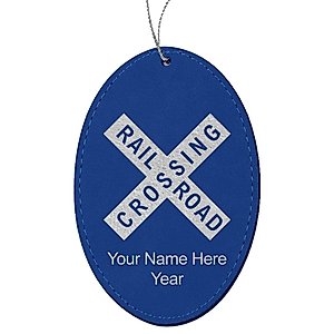 LaserGram Faux Leather Christmas Ornament, Railroad Crossing Sign 1, Personalized Engraving Included (Dark Blue, Oval)