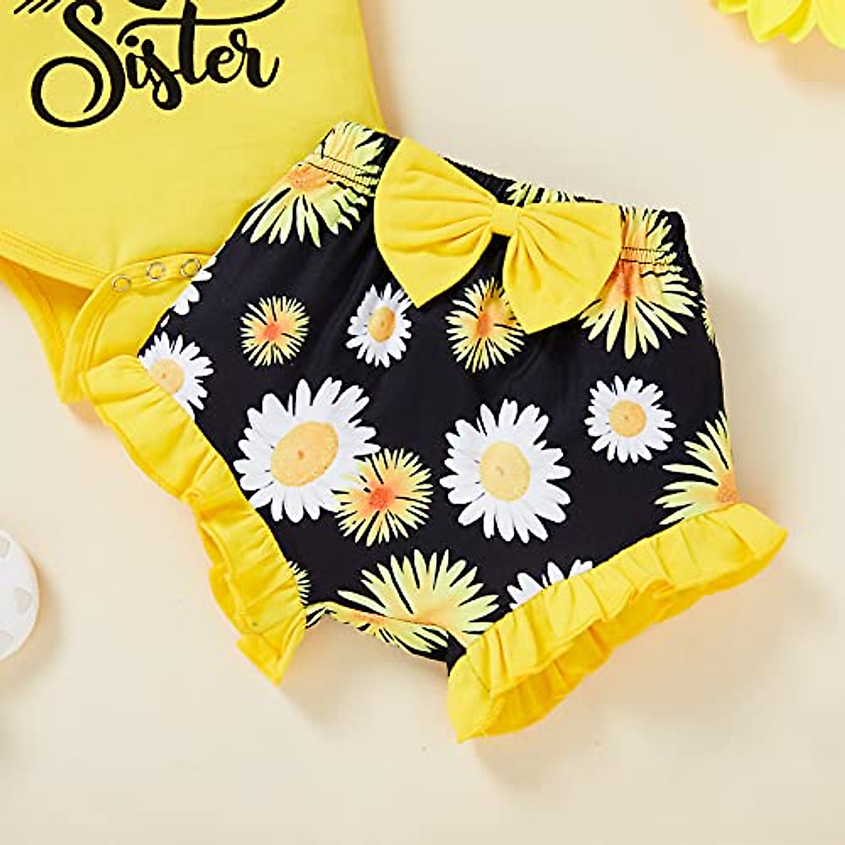 Baby Girl Sister Matching Outfits Little Big Sister Ruffle Romper Tops + Sunflower Shorts Set Summer Clothes(Yellow Little Sis,0-3M)