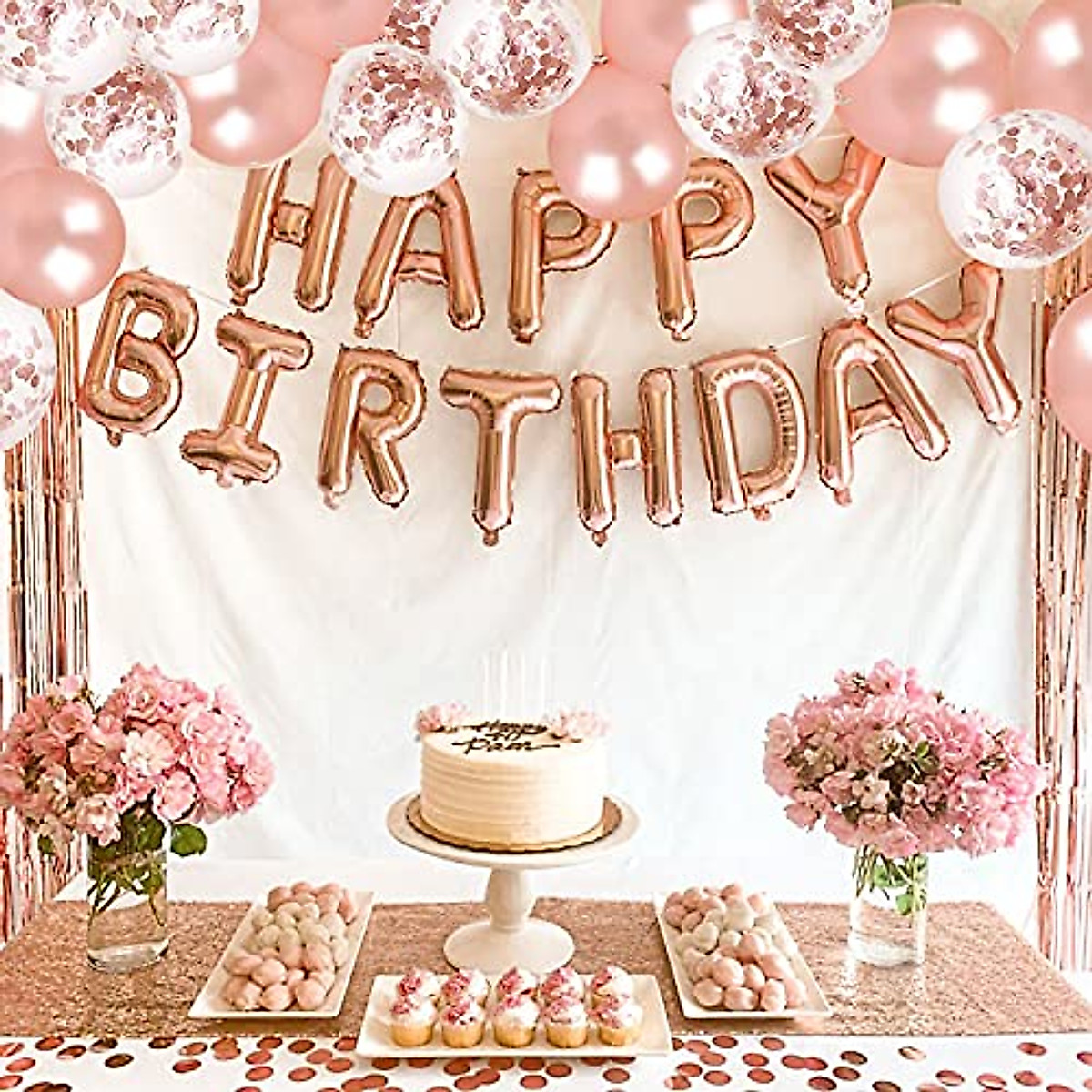 Rose Gold Birthday Party Decoration, 50PCS Rose Gold & Confetti Latex Balloons, Happy Birthday Balloons Banner with 2 Foil Fringe Curtains, Birthday Decorations for Women Girls