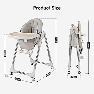 Ezebaby Baby High Chair, Portable High Chair with Adjustable Heigh and Recline, Foldable High Chair for Babies and Toddler with 4 Wheels, High Chair for Toddlers with Removable Tray-(Grey)
