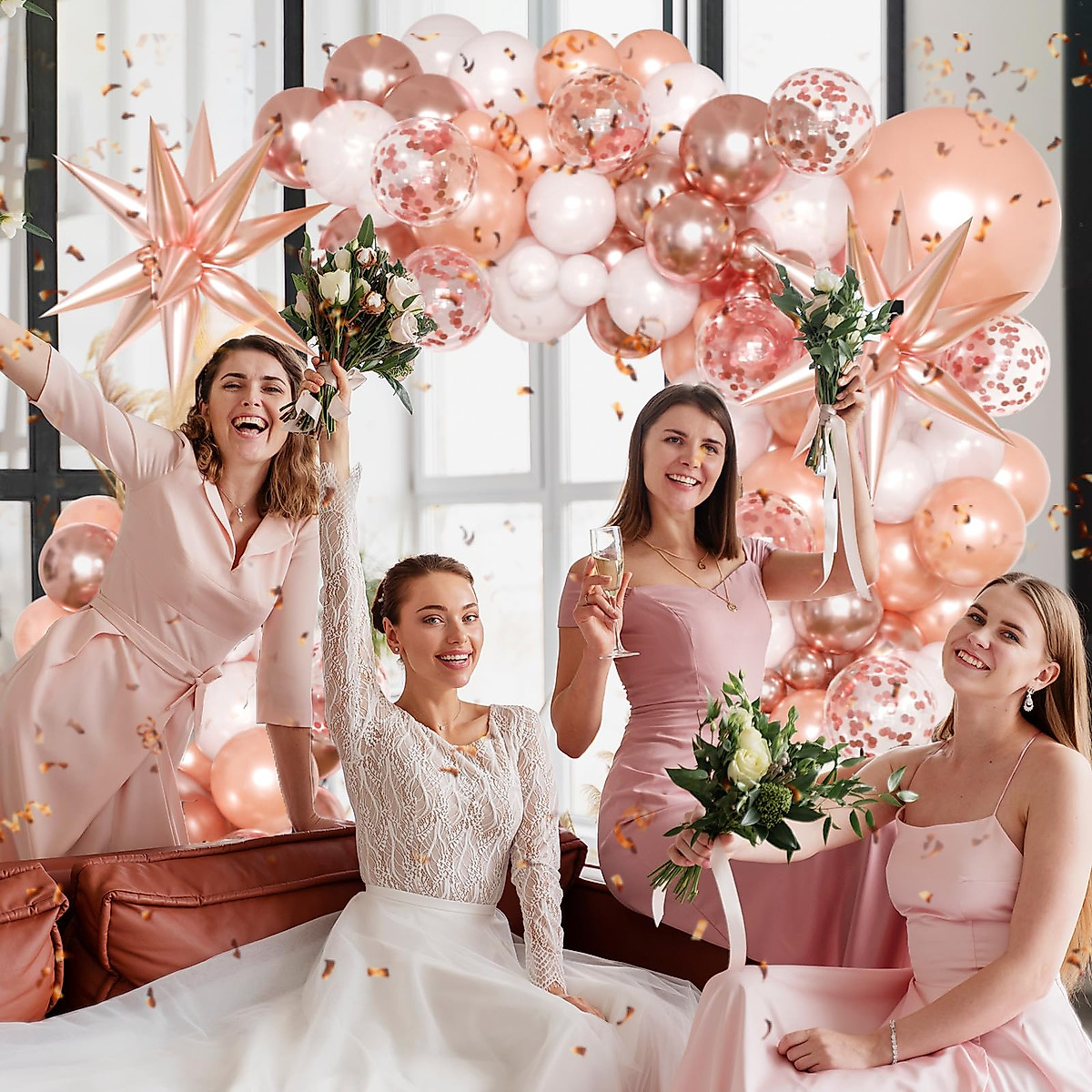 Rose Gold Balloons Arch Kit,144pcs Metallic Rose Gold Confetti Balloon Garland for Women Rose Gold Birthday Party Decorations Bridal Shower Baby Shower Bachelorette Party Decorations