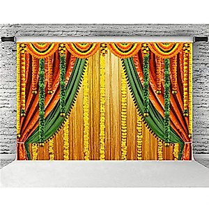 Lofaris India Pooja Photography Backdrop Puja Ganpati Pooja Traditional Mehndi Festival Background Diwali Decorations Wedding Party Marigold Garlands Photo Props 5x3ft