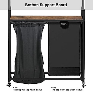 Simoretus Laundry Basket Sorter with Clothes Hanging Bar,Wooden Shelf,2 Sliding Bags, Hamper Garment Rack with Rolling Wheels for Laundry Room Bathroom Bedroom
