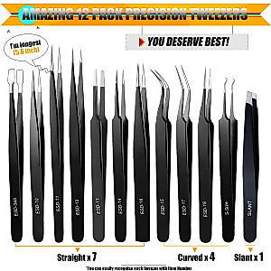 Antonki 12 Pack Precision Tweezers Set, Point and Slant Metal Tweezer Kits for Craft, Soldering, Jewelry, Ingrown Hair, Eyelash Extension, Eyebrow - with Case