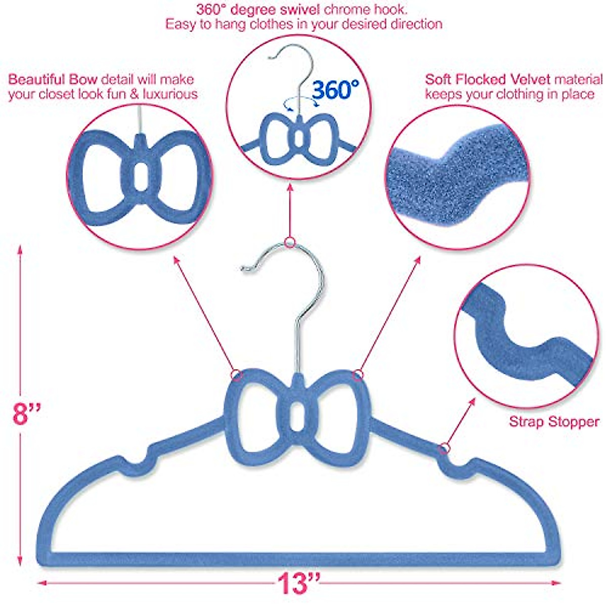 Kids Velvet Hangers (13" - 30 Pack) - Baby Clothes Hangers with Blue Bow Design for Ages 4-12 -Toddler Hangers - Non-Slip Baby Hanger & Small Hangers - Baby Hangers Velvet & Baby Felt Hangers