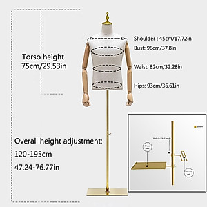 Male Mannequin Torso Body, Men Maniquine Dress Form with Flexible Solid Wood Arm, 47.24"-76.77" Height Adjustable Manikin with Detachable Shoe Holder Pants Rack for Clothing Suit Display