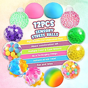 OleOletOy Sensory Stress Balls for Kids and Adults - 12 Pack Various Fidget Toys Filled with Water Beads - Sensory Toys Calming Tool for Autism, ADHD, and Anxiety Relief, Easter Basket Stuffers