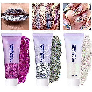 2 Color Face and Body Glitter Gel, Neon Outfit Glow Party for Body Hair Face Nail Glitter Stick Makeup. (03-Pink&06-White Moonbeam)