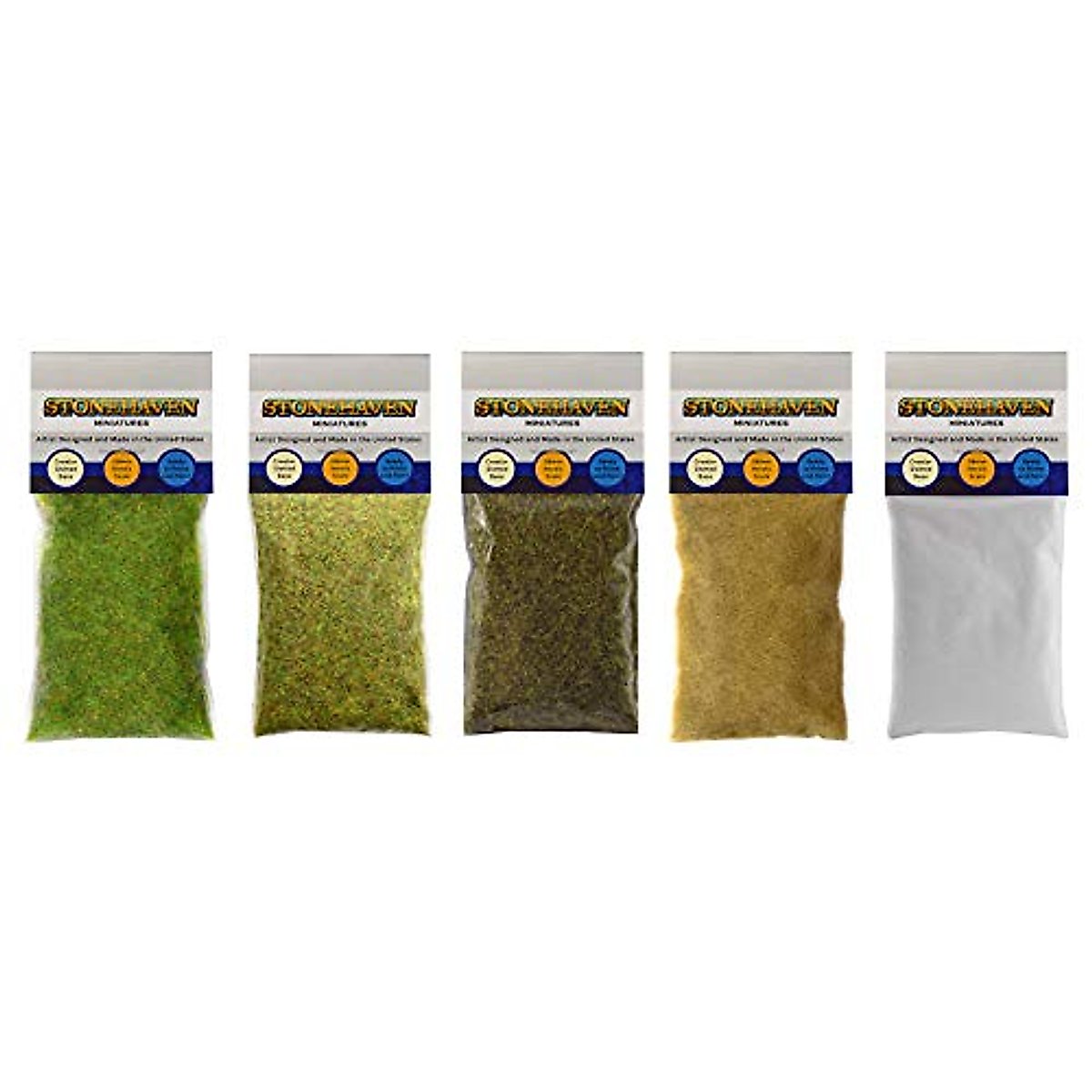 Stonehaven Miniatures Set of 5 Base & Scenery Flocks - Master Quality - Spring, Summer, Autumn, Dry Brown Static Grass (2mm) & Snow Flock for 28mm Scale War Game Miniatures - Made in USA