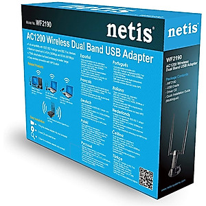 Netis WF2190 Wireless AC1200 Long-Range USB Adapter, Supports Windows, Mac, Linux, Two 5dBi High Gain Antennas, Free USB Cradle