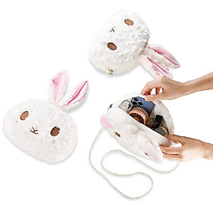 kawaii bunny Crossbody bag,cartoon Plush Rabbit wallets,cute Lolita Handbag for women, Lovely Fluffy animal purse (pearl chain) white