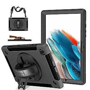 Case for Samsung Galaxy Tab A8 10.5 2022: Heavy Duty Rugged TPU Protective Cover for Tablet A8 5G (SM-X200/ SM-X205/ SM-X207) W/Stand+ Pencil Holder+ Handle+ Shoulder Strap -Black
