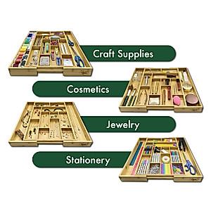 HELIA Bamboo Expandable Drawer Organizer with Movable Dividers | Solid Bamboo Drawer Organizer and Kitchen Utensil Holder for Flatware and Cutlery | Bamboo Utensil Organizer for Kitchen Drawers