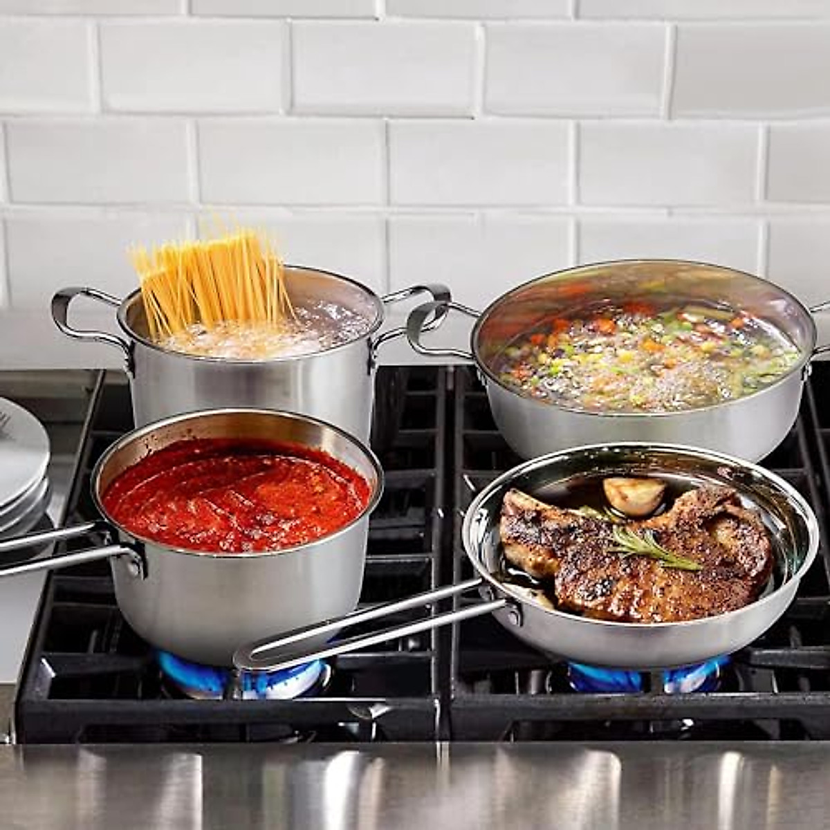 Magnificia Stainless Steel Cookware Set, Fast Even Heat Induction Pots Pans Set, Dishwasher Safe with 2.7 3.7 Quart Stockpot 2 Quart Saucepan 9.17in Frying Pan