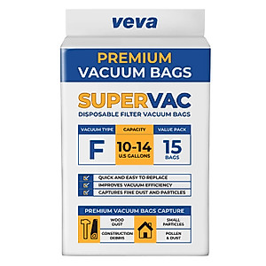 VEVA 15 Pack Premium Vacuum Filter Bags Type F 9066200 Work with Shop Vac 10-14 Gallon Vacuum, Part # SV Shopvac Shop-Vac 90662