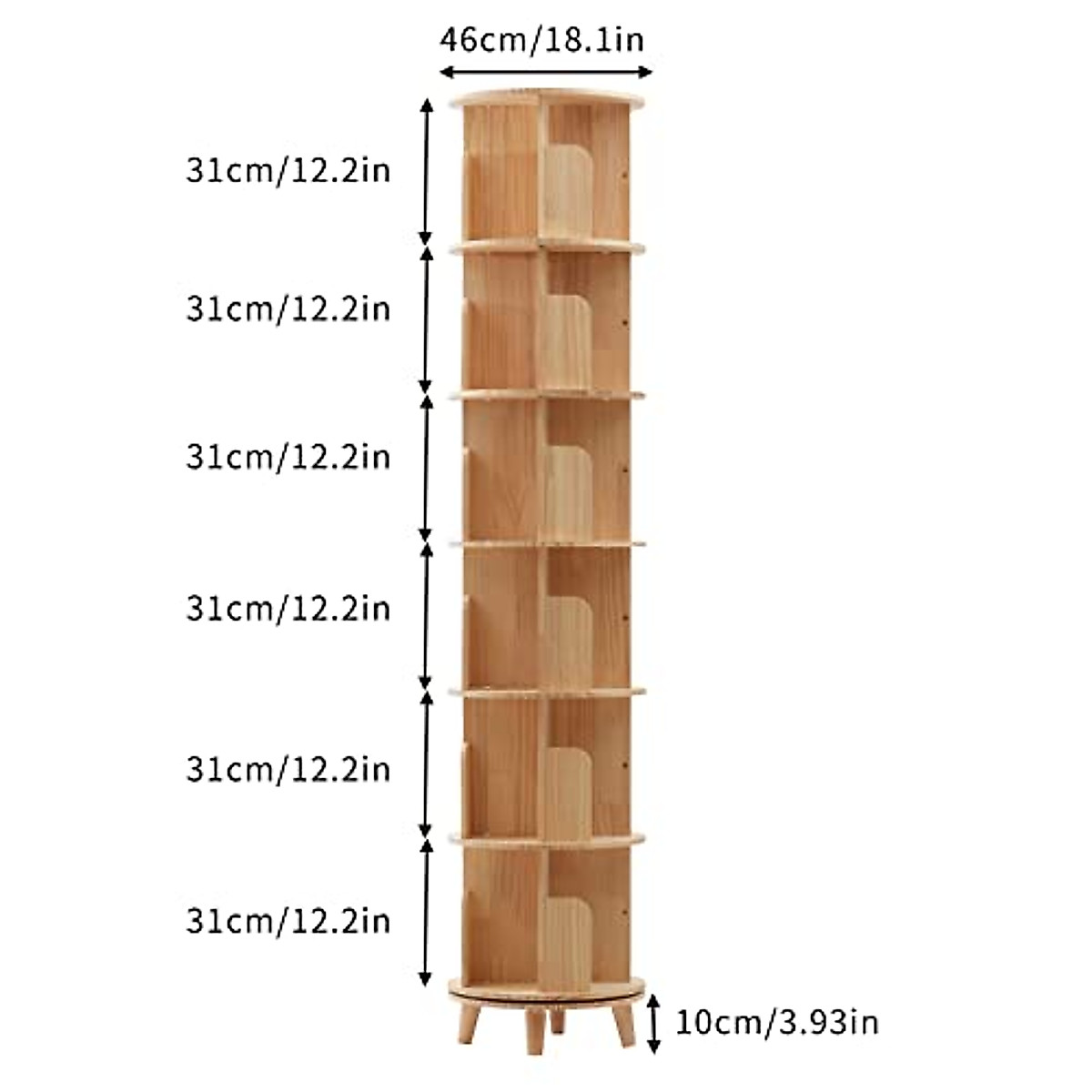 GNJINX Rotating Bookshelf, 6 Tier Solid Wood 360 Display Floor Standing Bookcase Storage Rack, Free Standing Wood Bookcases for Kids&Adults Multi-Functional Bookshelf Organizer(6 Tier)