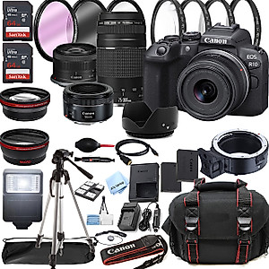 Canon EOS R10 Mirrorless Digital Camera with RF-S 18-45mm f/4.5-6.3 is STM Lens + 75-300mm F/4-5.6 III Lens + 50mm f/1.8 STM Lens + 128GB Memory + Case + Tripod + Filters (43pc Bundle)