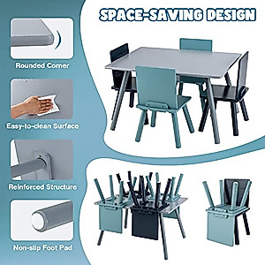 HONEY JOY Kids Table and Chair Set, Pine Wood Toddler Table and 4 Chair Set w/Building Blocks, 5 Pieces Children Furniture Set for Daycare, Classroom, Playroom, Gift for Boys Girls (Blue)