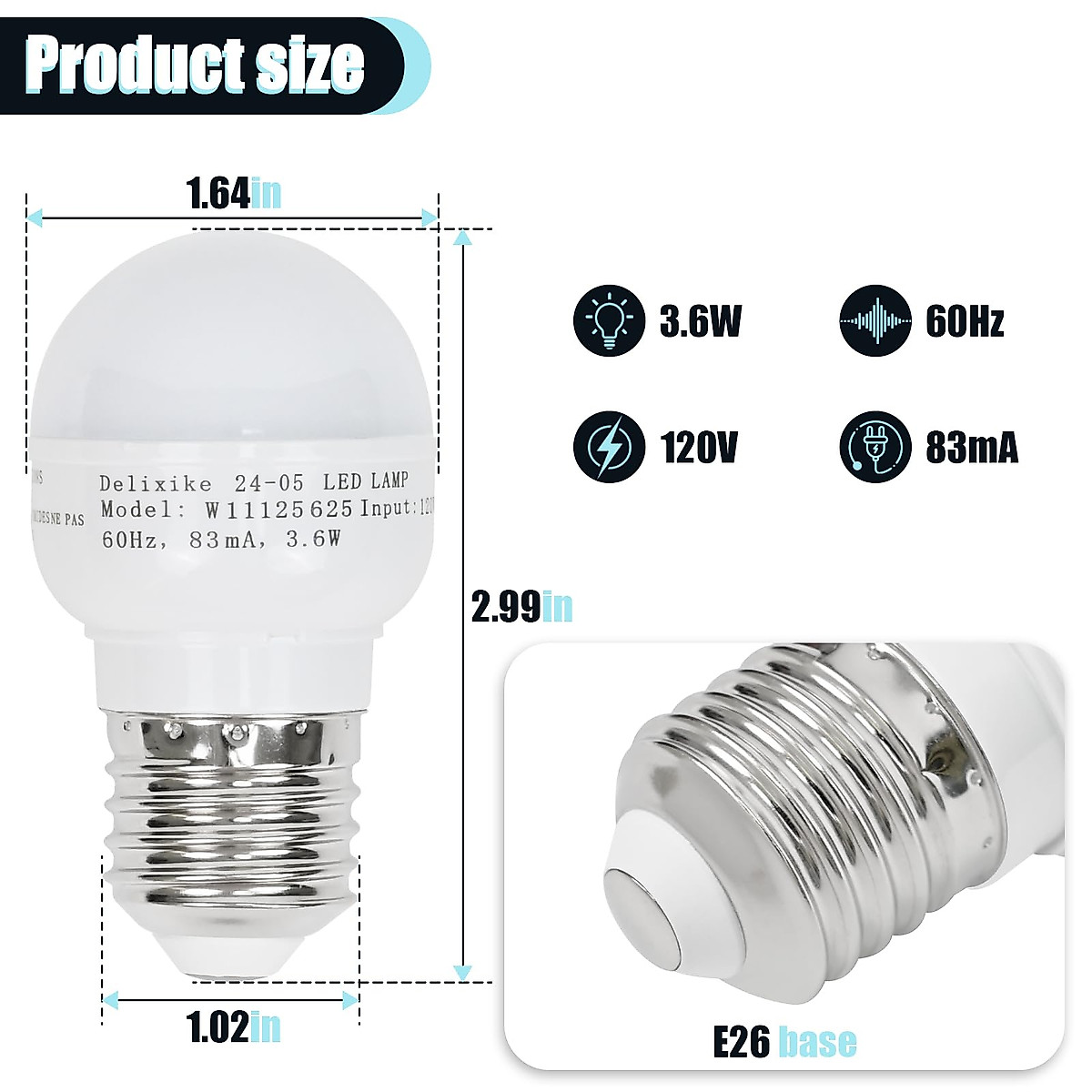 Delixike Refrigerator Accessories W11216993 W11125625 for Whirlpool Refrigerator Light Bulb Replacement AP6329125 4813672, PS12349398, W10820003, W11125625. Freezer Light Bulb White，3.6 Watt